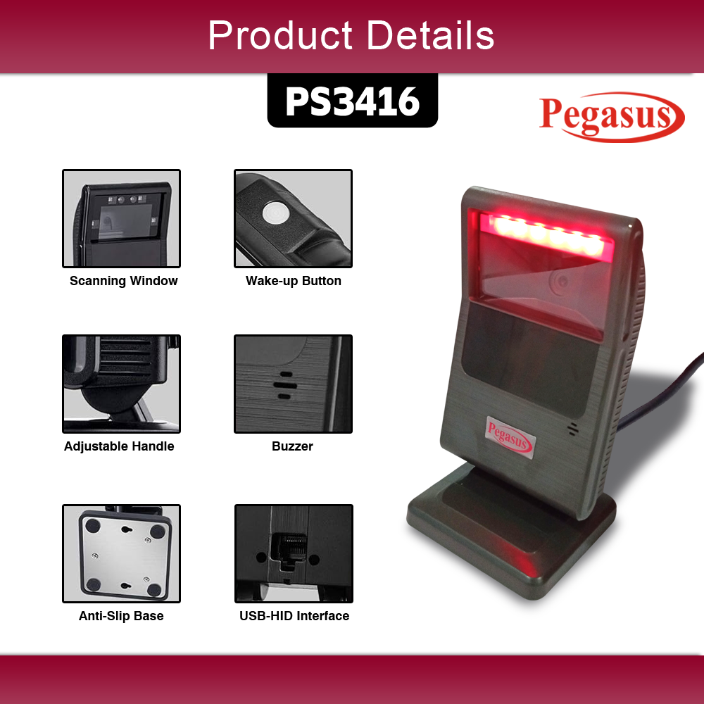 Pegasus PS3416 Hands-Free 2D Barcode Scanner